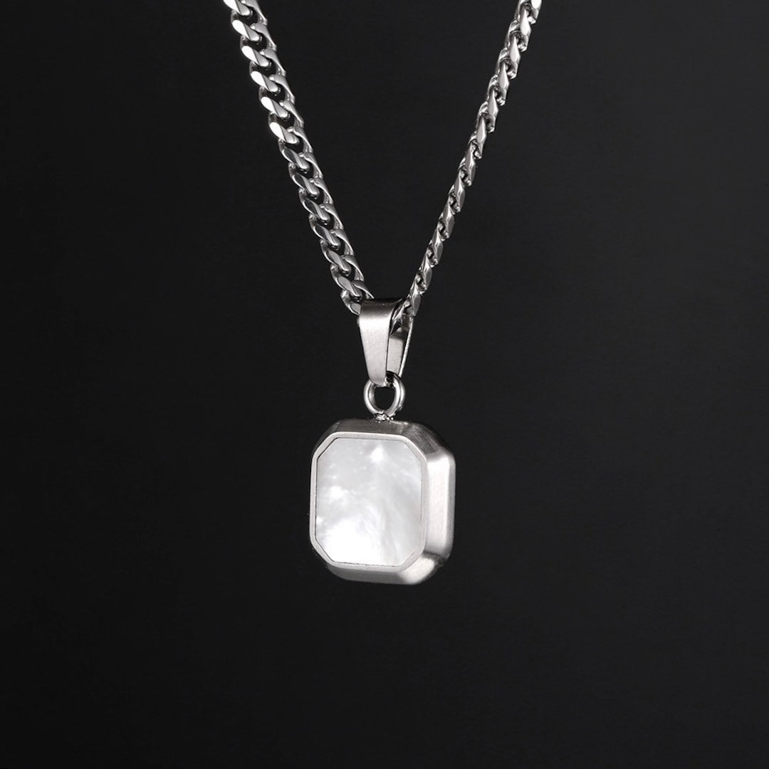 White Shell Stone Mens Necklace Pendant Silver Stone Pendant Silver ...