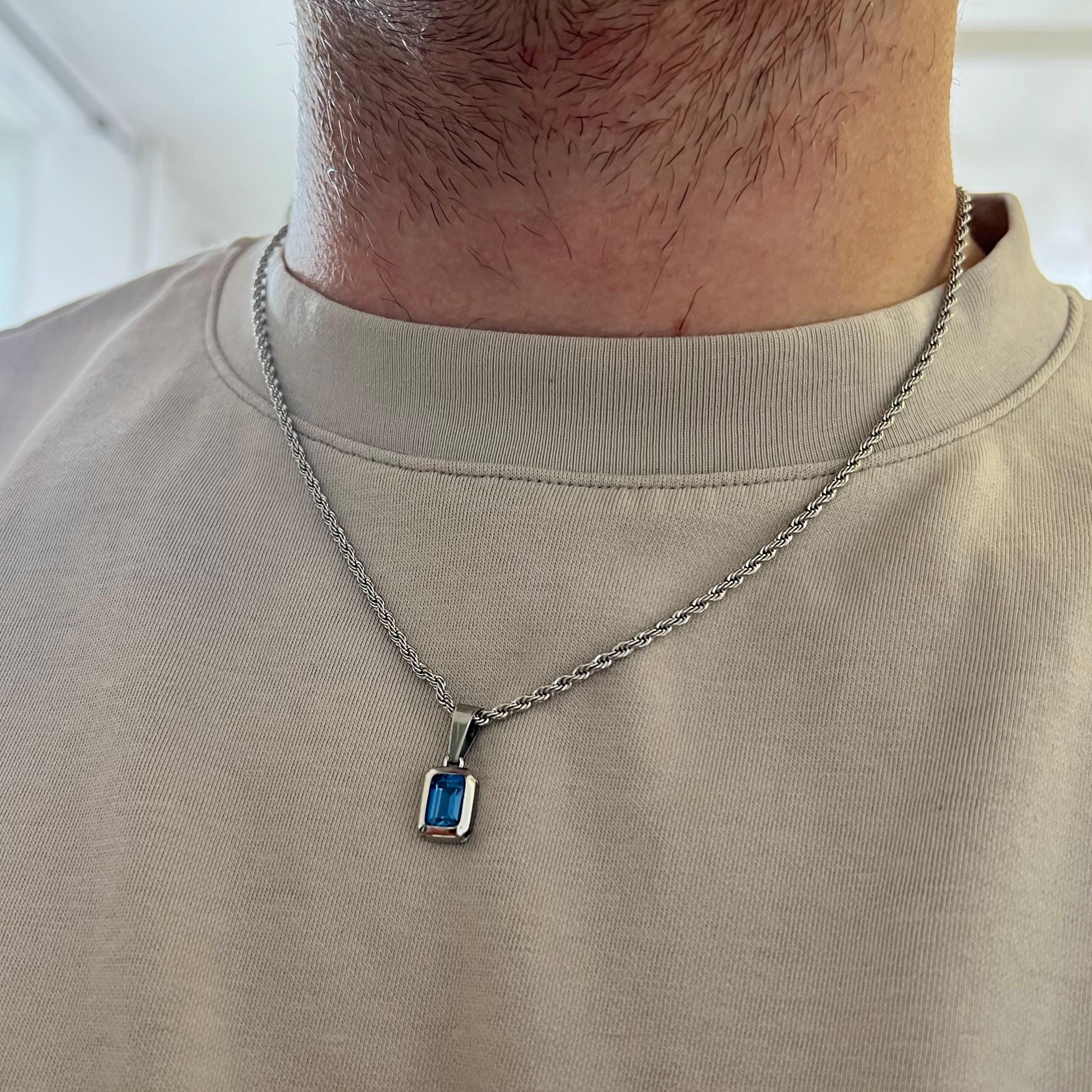 Mens Necklace - Silver & Blue Sapphire Styled CZ Pendant Necklace for ...