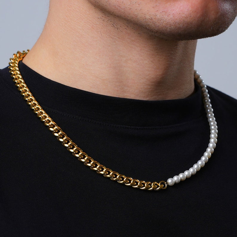 Mens Pearl Necklace - Silver Half Pearl Silver Cuban Link Chain ...