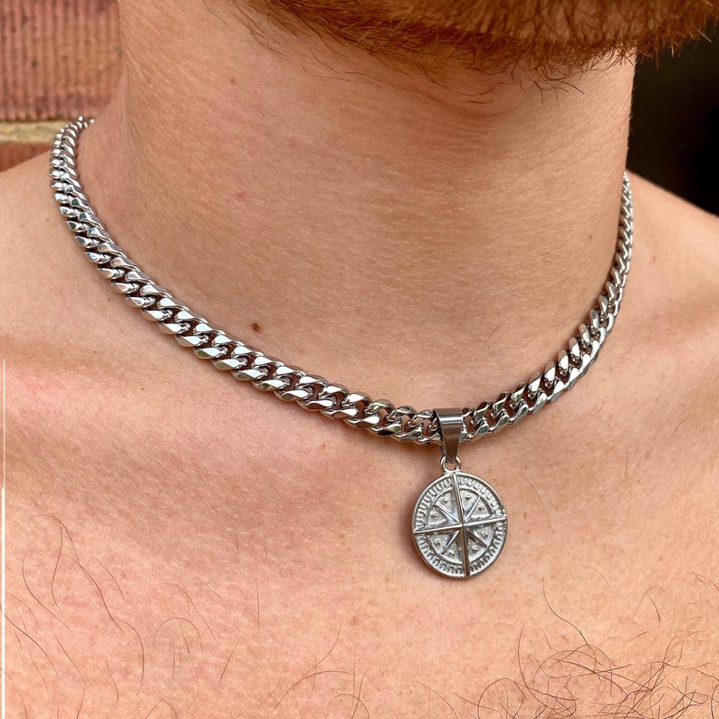 Mens Necklace Silver Compass Pendant Men Silver Chain Round - Etsy
