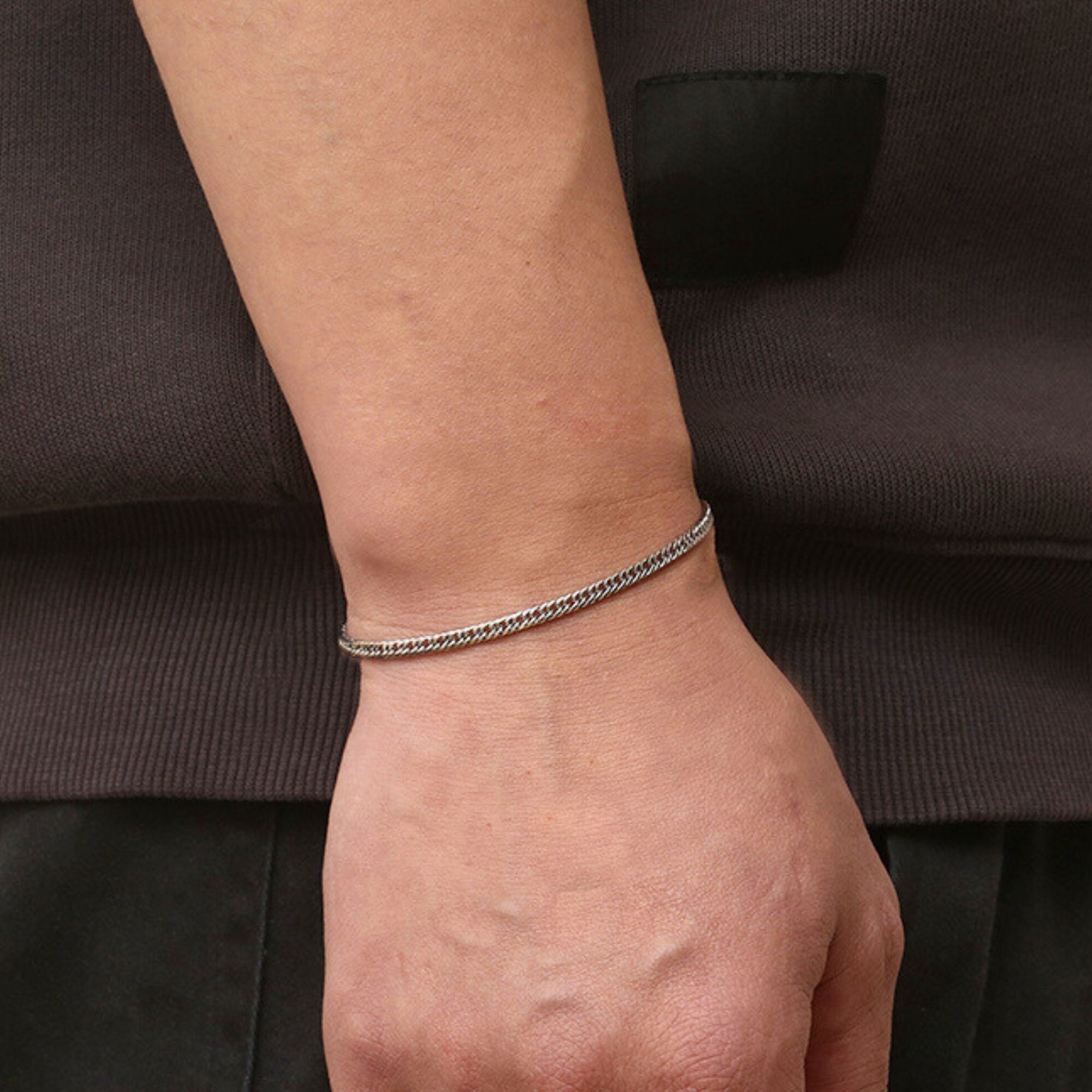 Mens Bracelet, Silver Flat Cuban Bracelet Chain, 3mm Flat Curb Chain ...