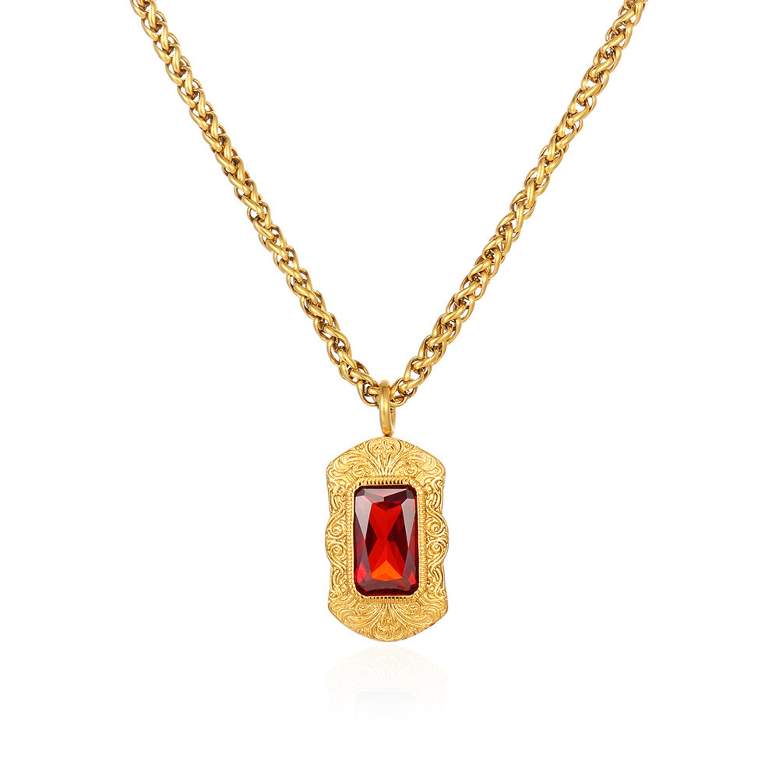 Patterned Silver Red Diamond Necklace Silver Gemstone Necklace for Men ...