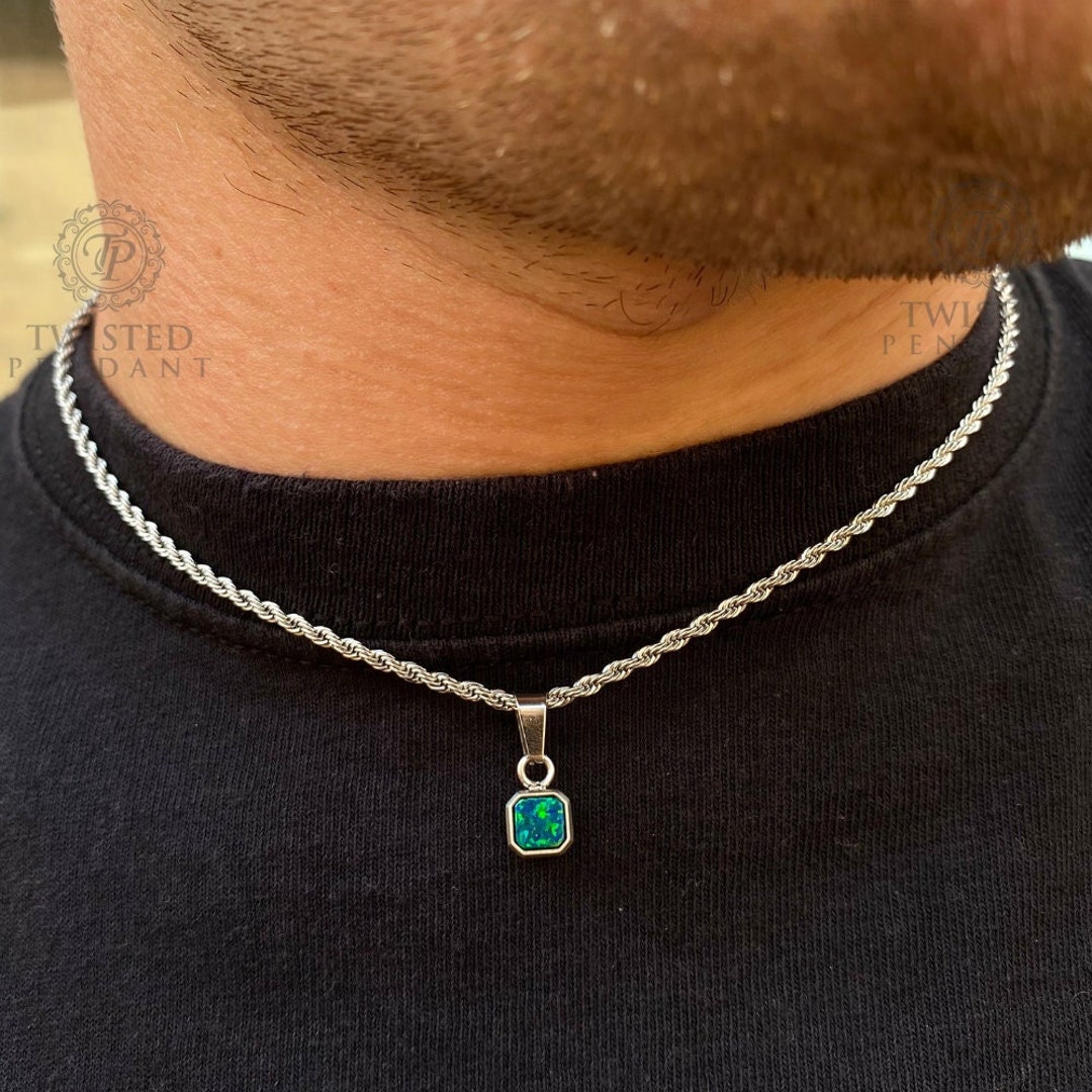 Mens Necklace, Mini Opal Gemstone Silver Pendant Necklace for Men, Mens ...