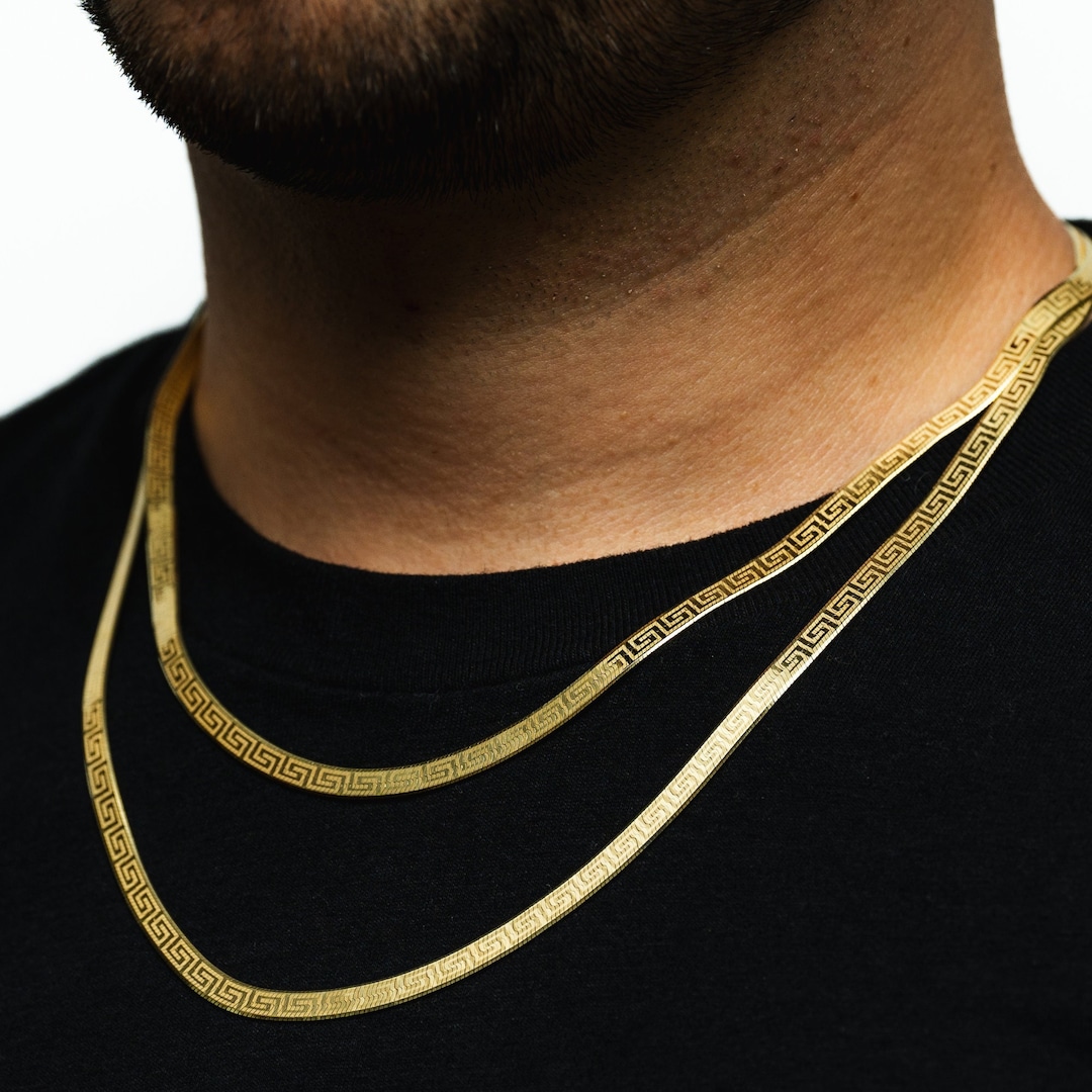 23K Gold Flat Snake Necklace - 5mm Gold Chain - Greek Key Pattern Chain ...
