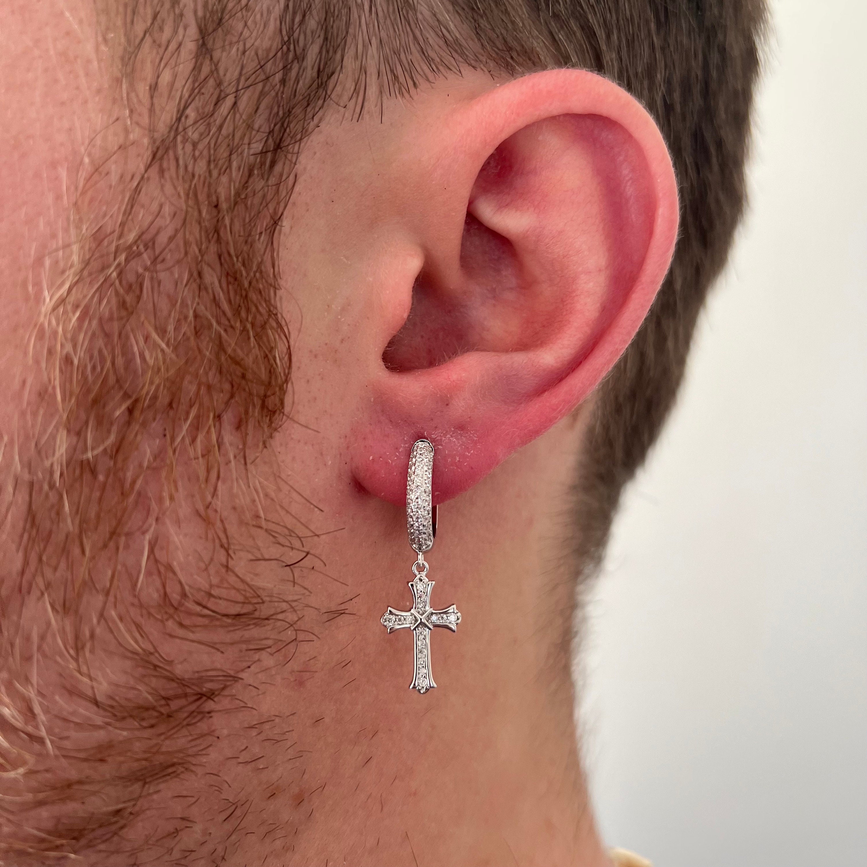 Diamond Cross Earring Mens Earrings Silver Cross Earrings Men Diamond Hoop With Cross Earring for Men Mens Jewelry Gold Hoops Men Etsy