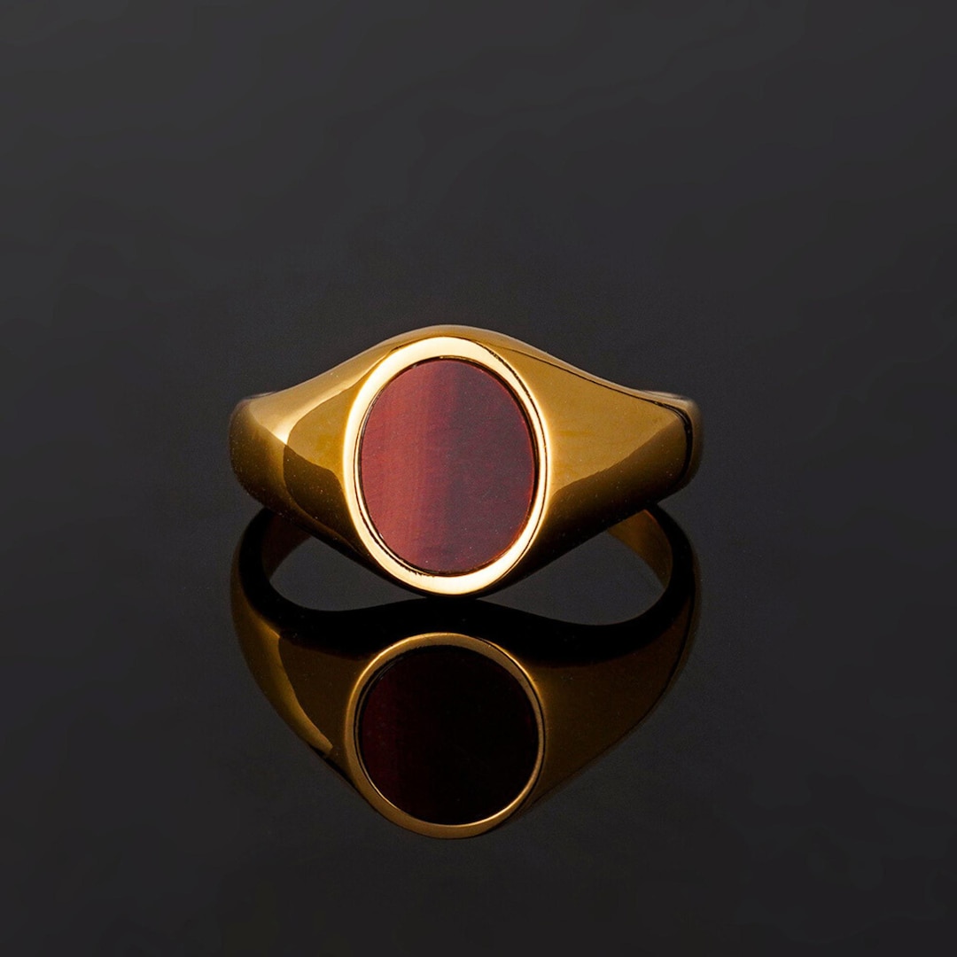 18K Gold Signet Ring - Red Tigers Eye Ring for Men - Tigers Eye Pinky ...