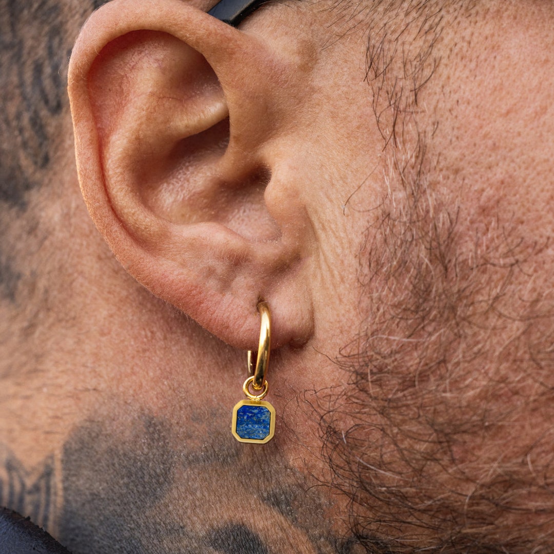 Mens Earrings - 18K Gold Hoop Dangle Earrings With Blue Lapis Lazuli ...