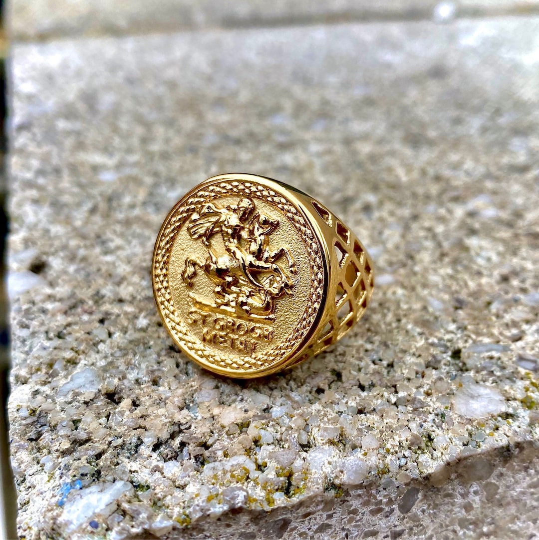 Man Ring, Gold St George Ring, 18k Gold Signet Ring Mens, Sovereign ...