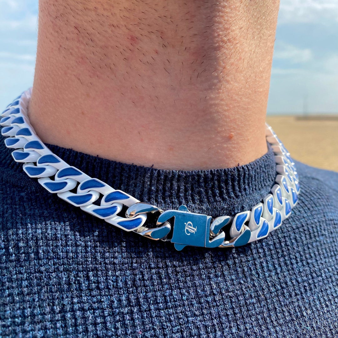 Mens Necklace Chain 14MM, Blue Statement Chain Choker, Mens Necklace ...