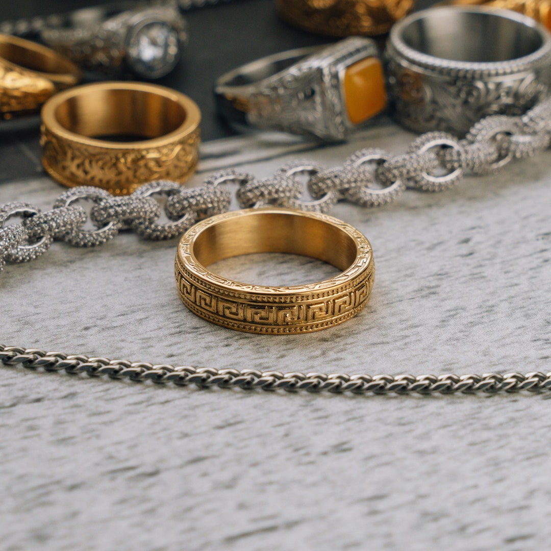 Greek Key Mythology Ring - Gold Roman Band Ring for Men - Gold Ring Men ...