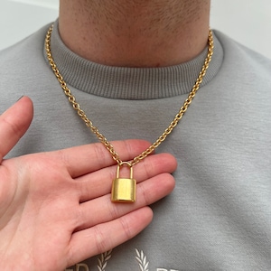 Mens Padlock Necklace - 18K Gold Padlock Chain Necklace - Lock Chain Necklace for Men - Mens ...