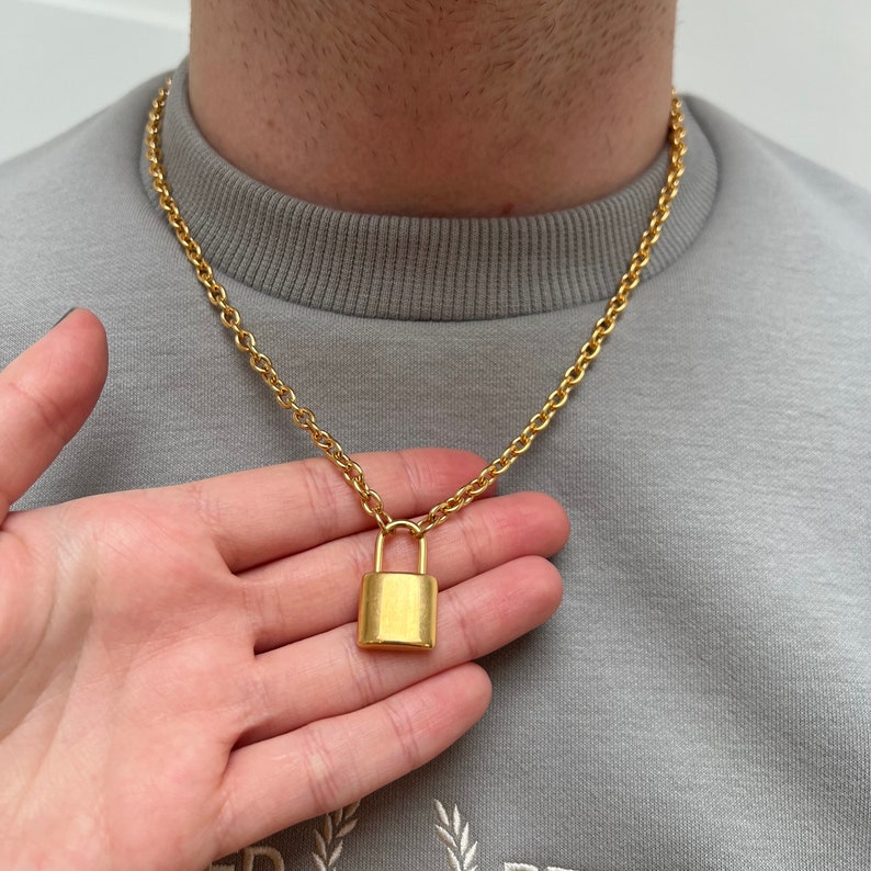 Mens Padlock Necklace - 18K Gold Padlock Chain Necklace - Lock Chain ...
