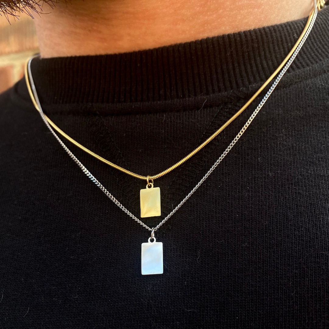 18k Gold Mens Necklace, Minimalist Tiny Gold Bar Pendant for Men, Gold ...