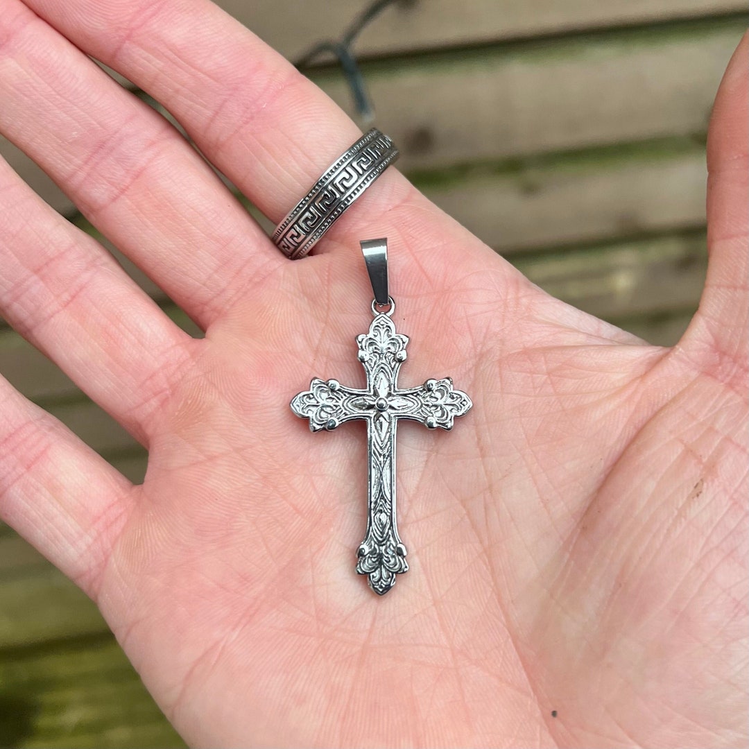 Vintage Silver Cross Necklace Mens Necklace Large Cross Necklace Men Mens Crucifix Pendant