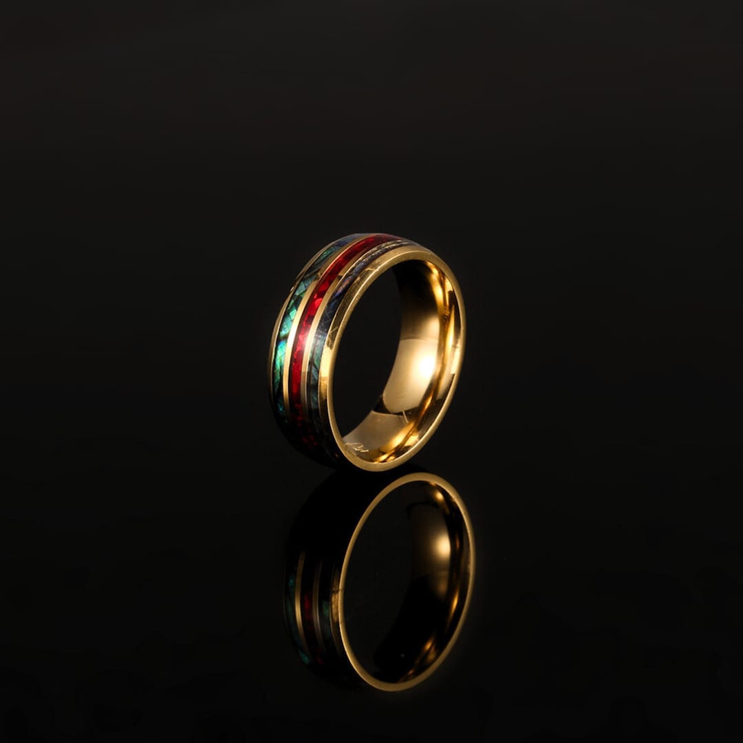 Mens Ring - 18K Gold Fire Opal Band Ring - Men's Gold Steel Ring - Mens ...