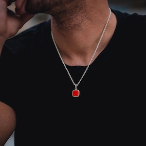 Mens Necklace - Silver & Red Pendant Necklace for Men - Necklace With ...