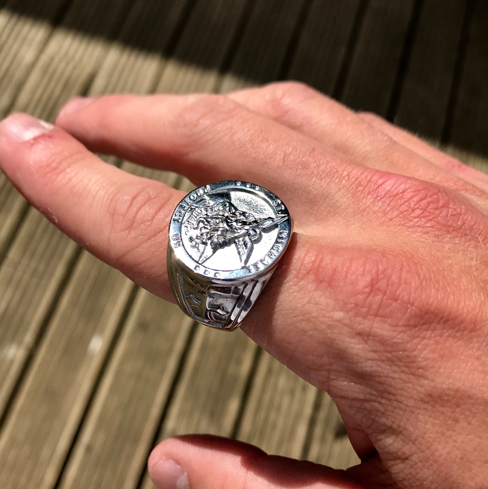 Mens Silver St Michael Ring Signet Sovereign Jewelry Gift - Etsy