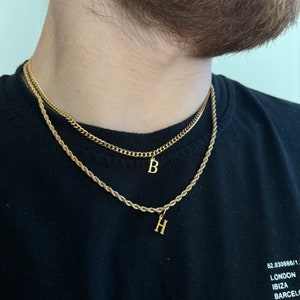 18K Gold Initial Necklace, Mens Rope Chain Necklace With Initial, Mens ...