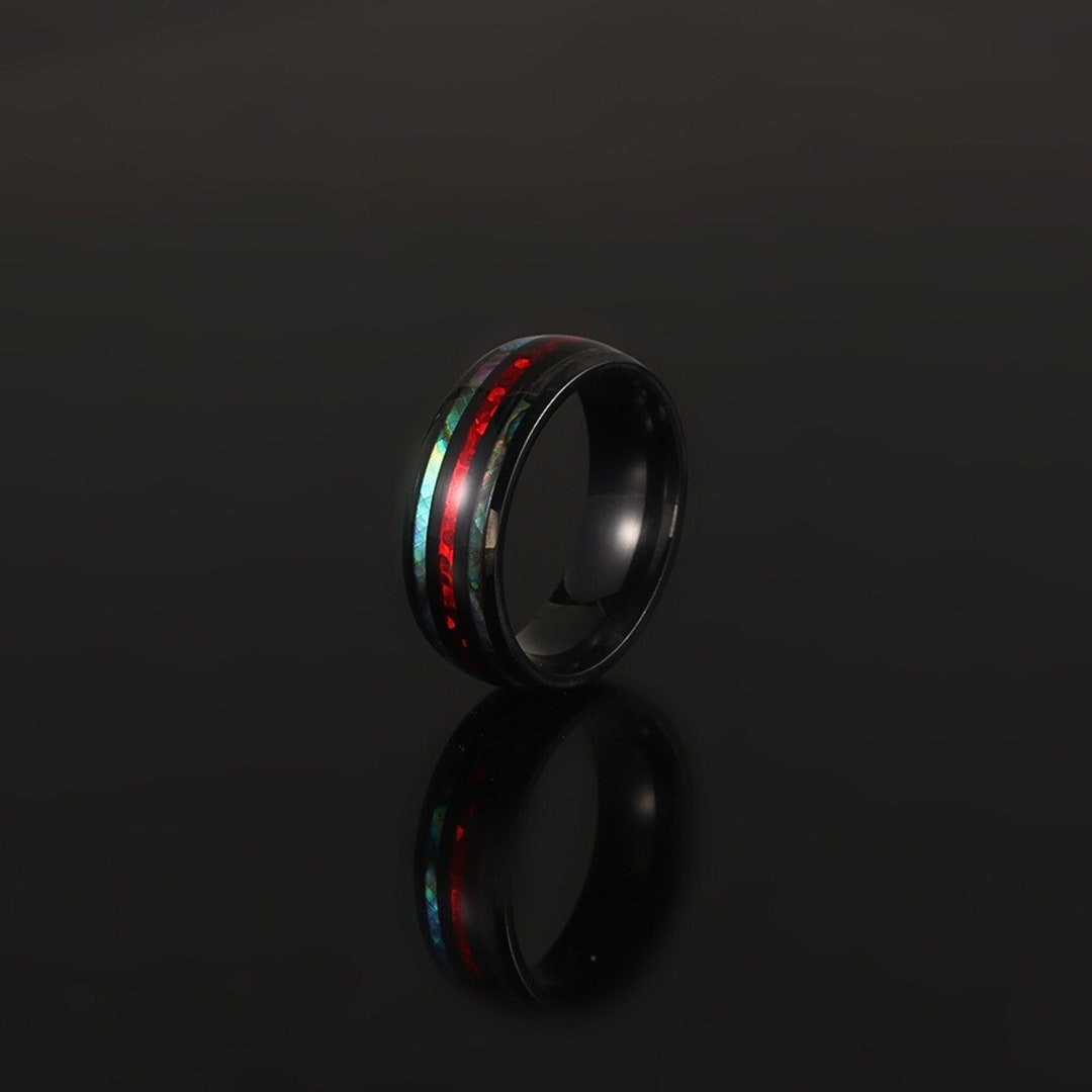 Mens Ring - Black / Red Fire Opal Band Ring - Men's Black Steel Ring ...