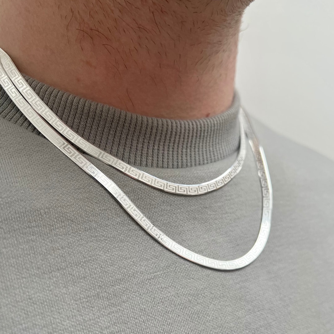 Silver Snake Chain, Greek Key Mens Chain 5mm Flat Gold Chain, Silver ...