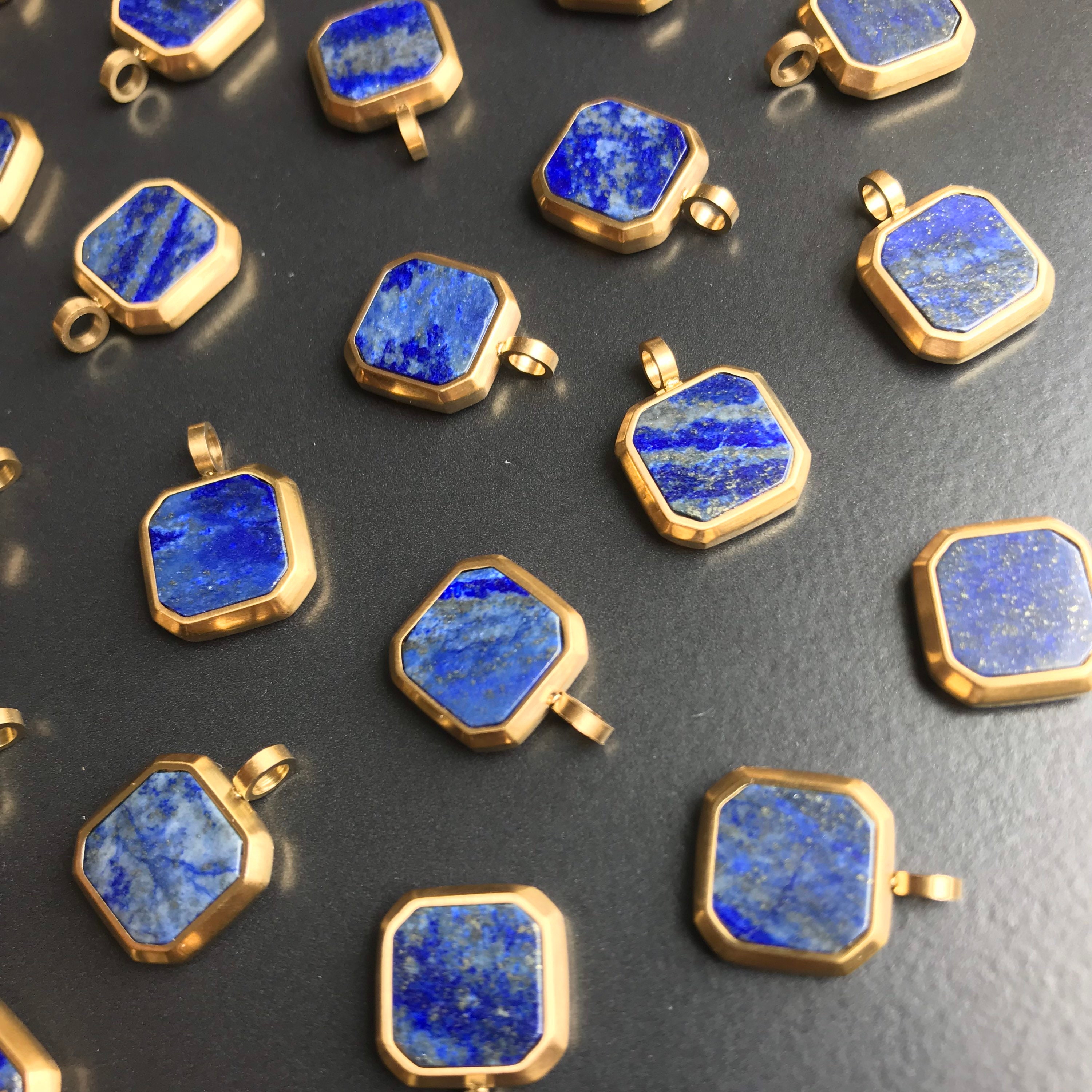 Mens Gold Necklace Blue Gold Pendant Necklace Lapis Lazuli Blue Square ...