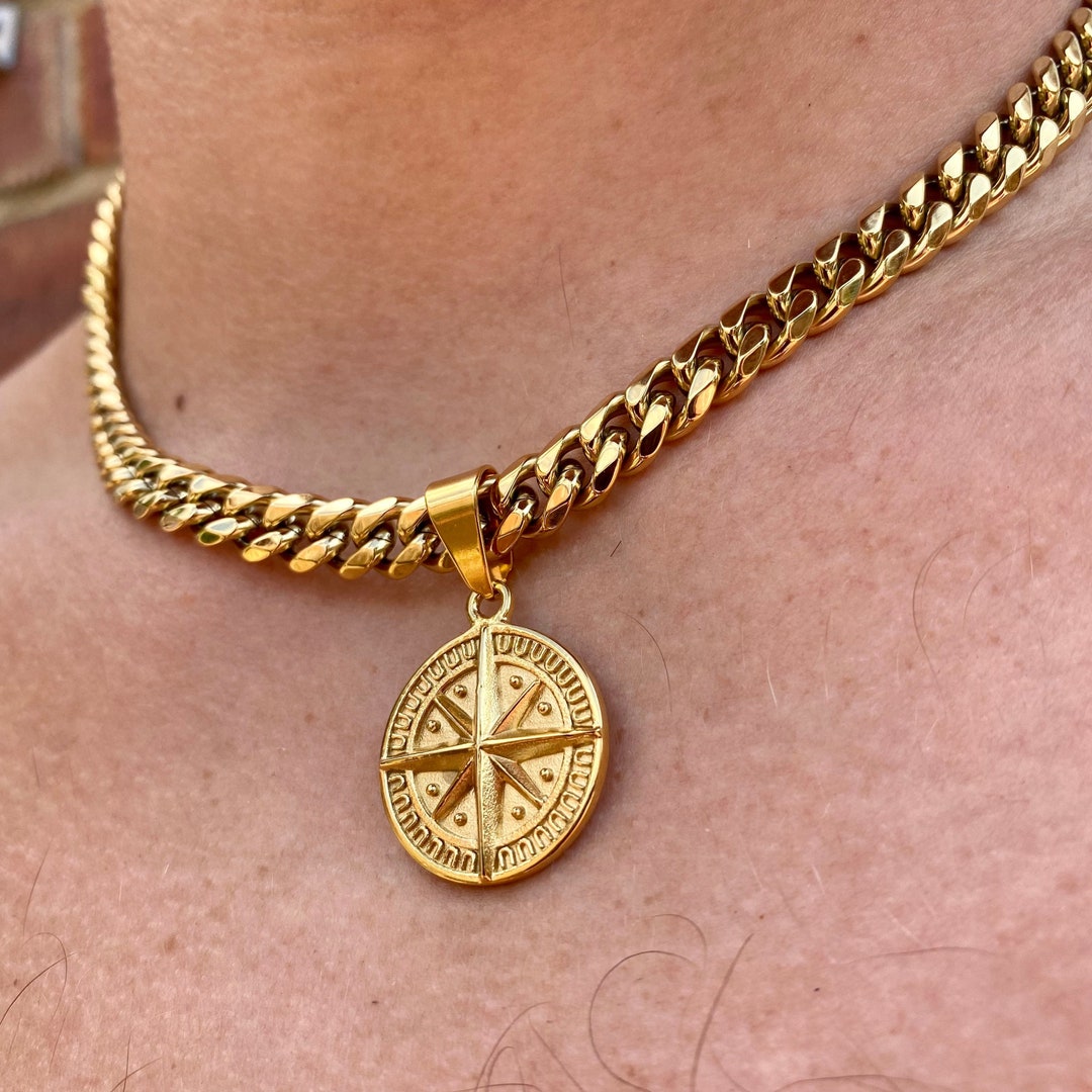Mens Necklace, 18K Gold Compass Pendant Men, Gold Choker Chain With ...