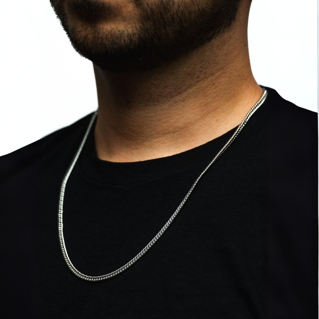 Mens Necklace - Silver 3mm Flat Cuban Link Chain Necklace - Mens Chains ...