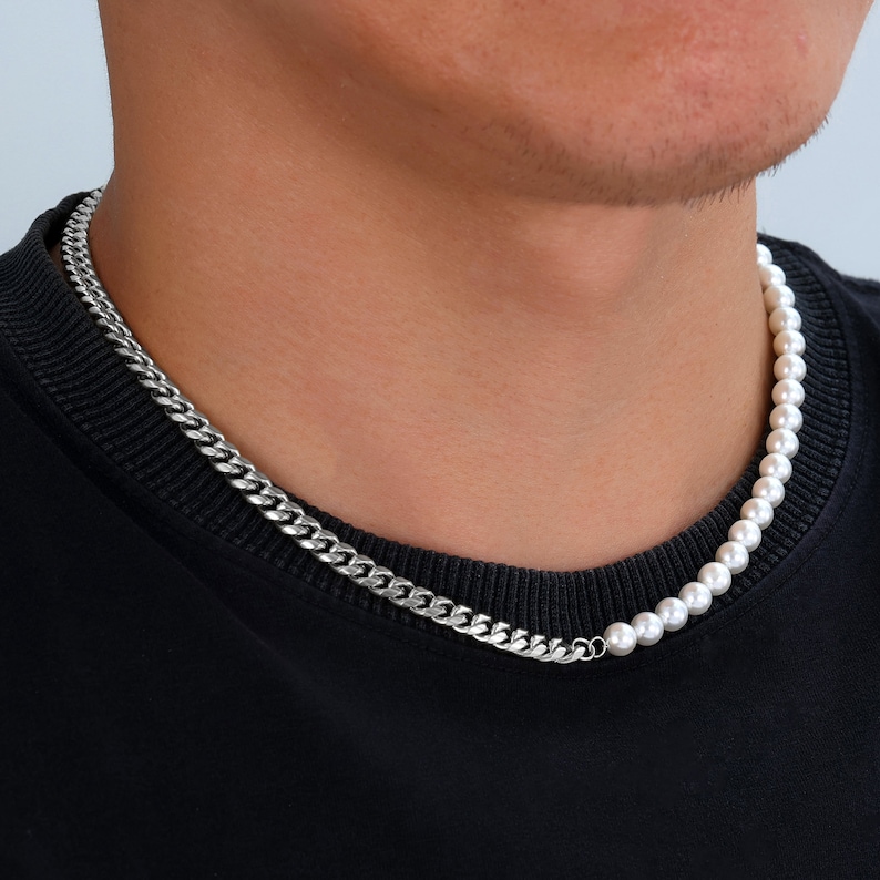 Mens Necklace, Silver Pearl Chain Necklace, Half Pearl Half Chain ...