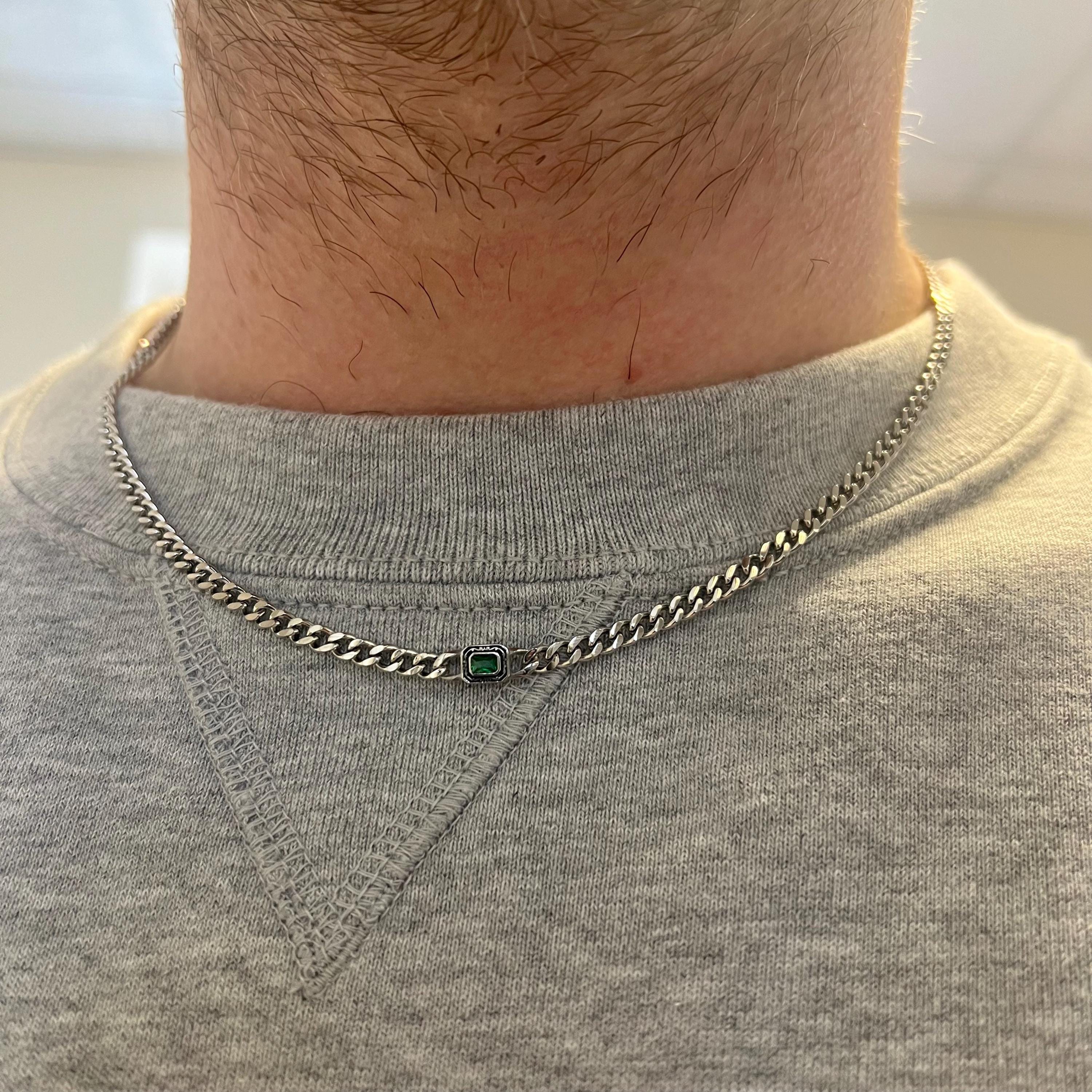 Mens Necklace - 18K Gold Green Vintage Gem Necklace 4mm Gold Curb Chain ...