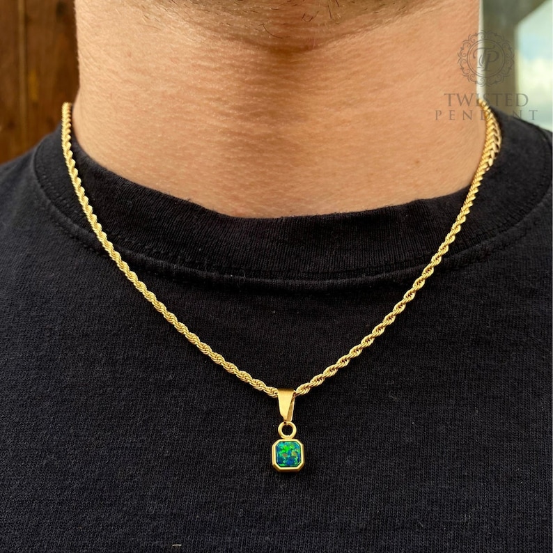 Mens Necklace, Mini Gold Pendant Necklace for Men, Mens Opal Gemstone ...