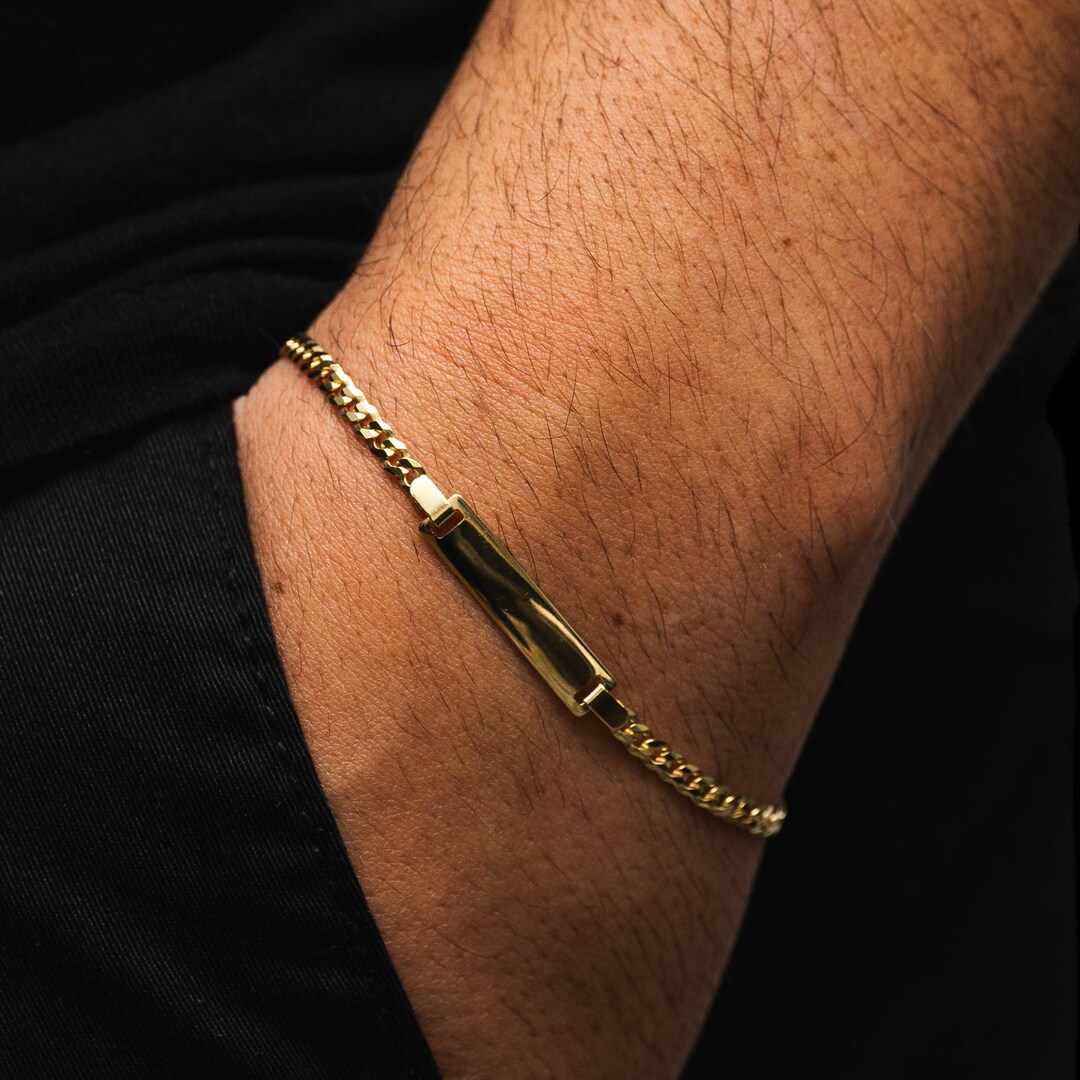Mens Bracelet - 3mm Curb Mens Gold Bracelet - Name ID Chain Bracelet ...