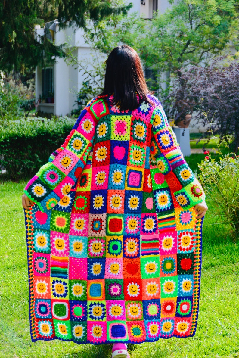 Crochet Granny Square Coat: Smiley Face Patchwork Maxi Cardigan ...