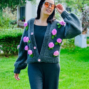 Chunky Sweater Jacket Cropped Jacket With Roses Crochet Rose - Etsy