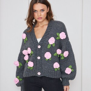 Chunky Sweater Jacket Cropped Jacket With Roses Crochet Rose - Etsy