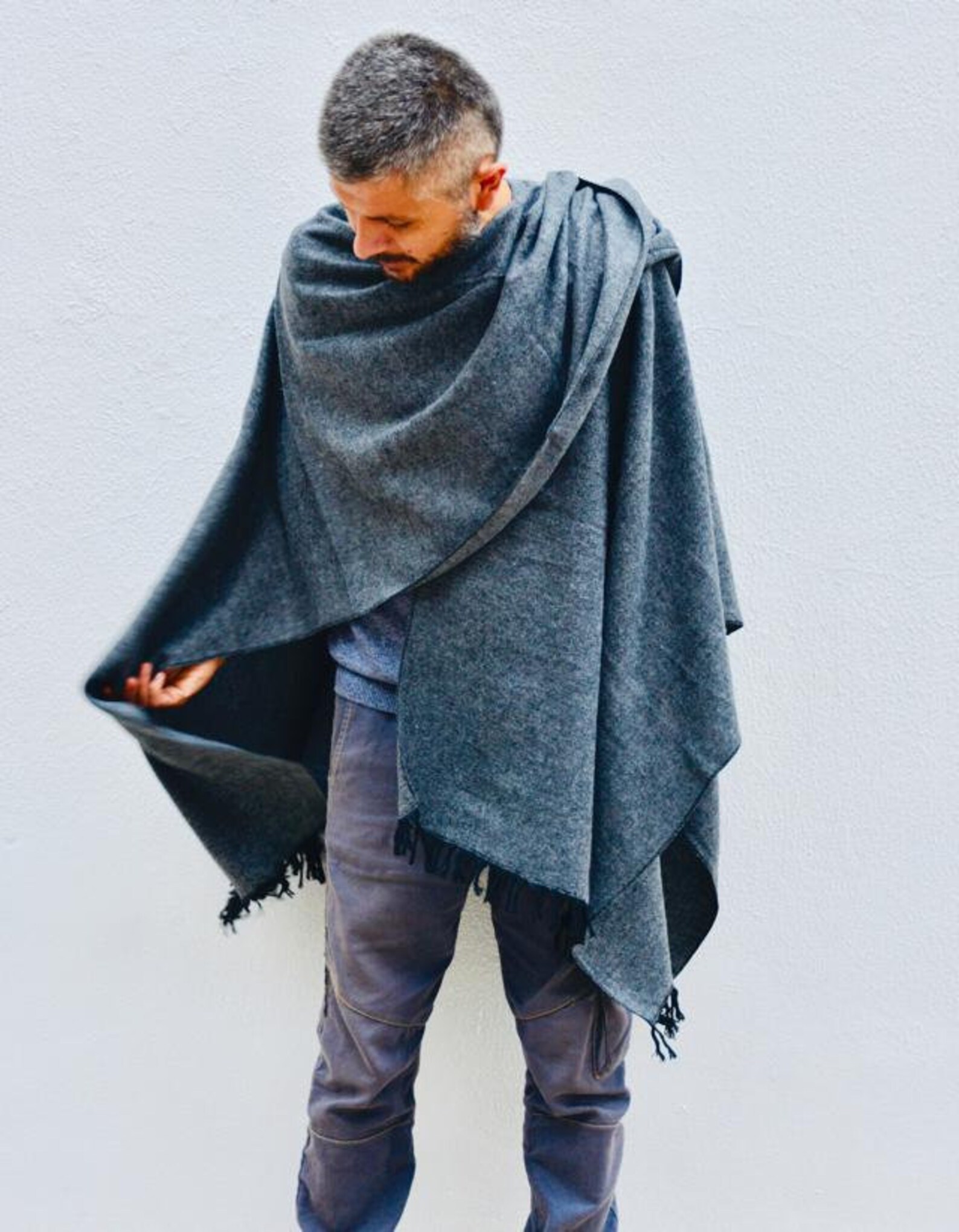 Grey Poncho Men Winter Mens Wear Wool Poncho Men Warm - Etsy