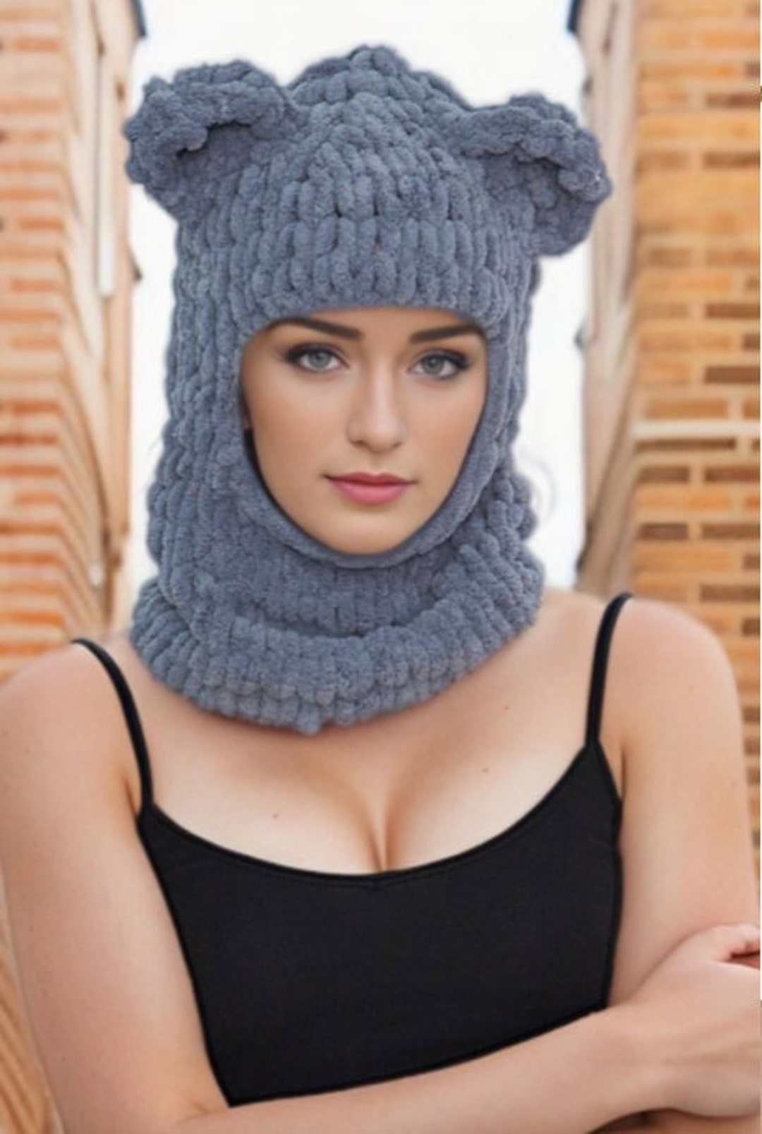 Balaclava Bear Ears, Teddy Bear Ears Hat, Hand Knit Crochet Balaclava ...