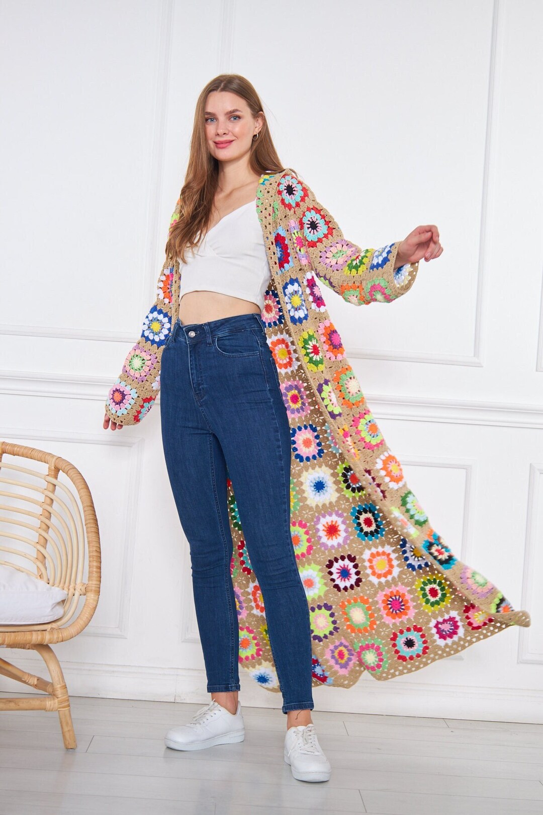 Crochet Granny Square Duster Coat for Women : Long Boho Jacket Birthday ...