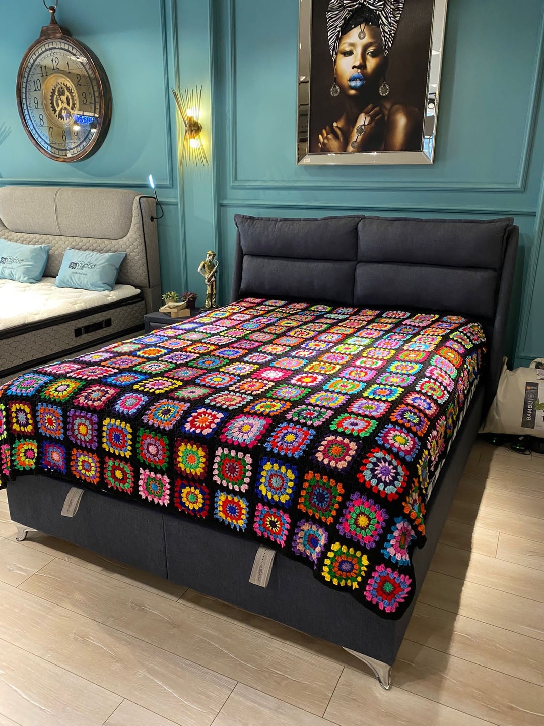 Hand Knit Granny Square Bed Cover: Boho Crochet Afghan Throw - Etsy
