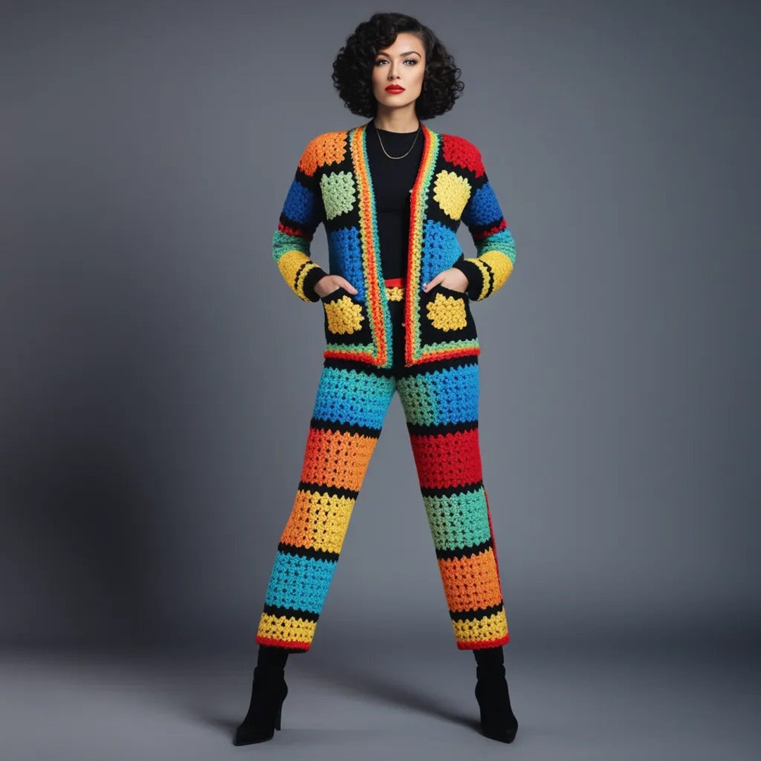 2 Pcs Rave Clothing Women Crochet Handmade Knit Jacket and Pants for ...