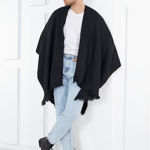 Black Poncho Men, Winter Mens Poncho, Black Wool Poncho Men, Men's ...