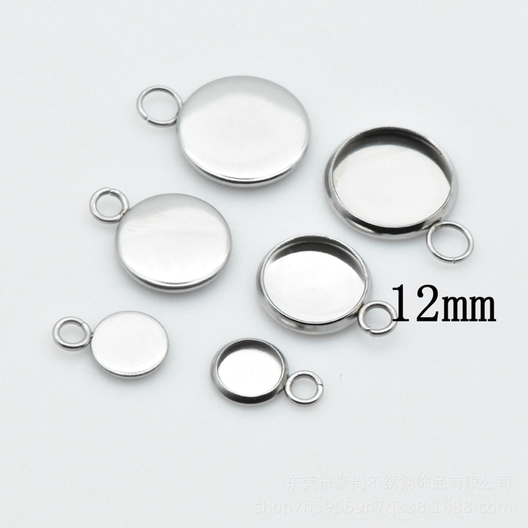 50PCS 12mm Stainless Steel Round Cabochon Tray Charm Pendant With Loop ...