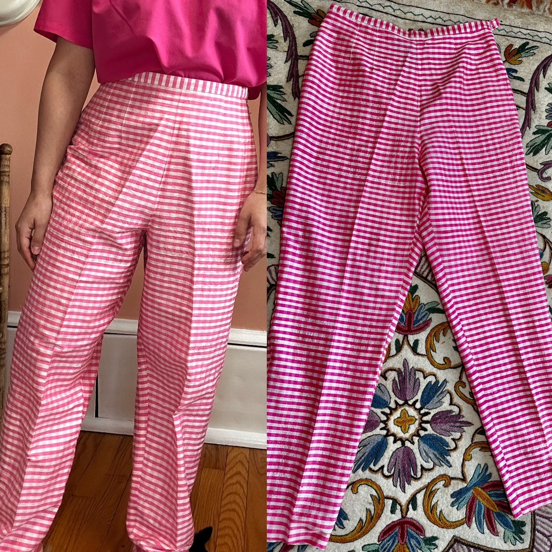 Vintage 80s/90s Silk Pink Gingham Checked High Waisted Slim Fit Mid ...