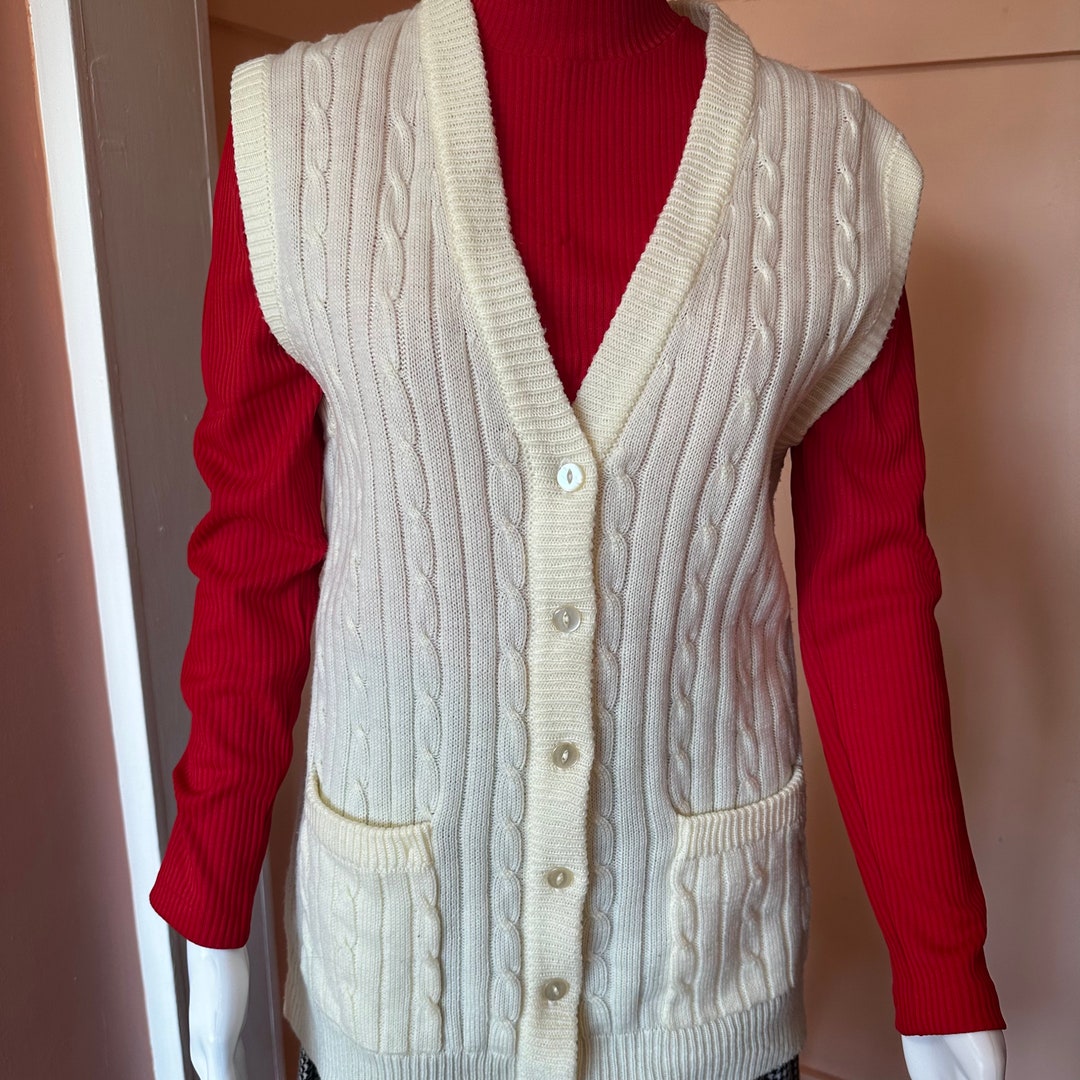 Vintage 70s/80s Cable Knit Cream Vest/ Sleeveless Button Down Sweater ...