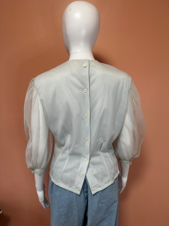 Vintage powder blue puff sleeve pleated blouse/ sheer… - Gem