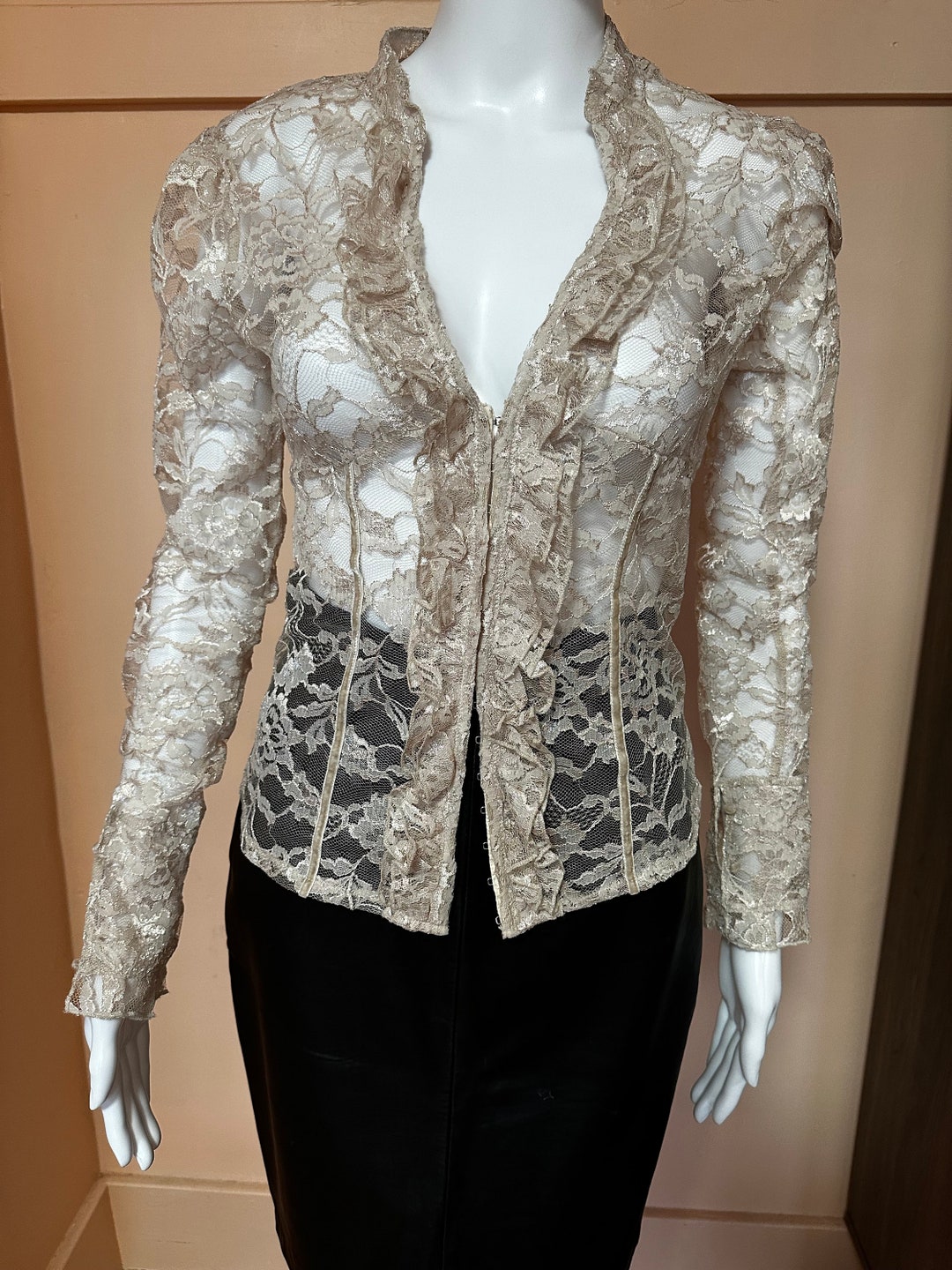 Vintage 1990s Cream Lace Ruffle Sheer Top Womens Size S - Etsy