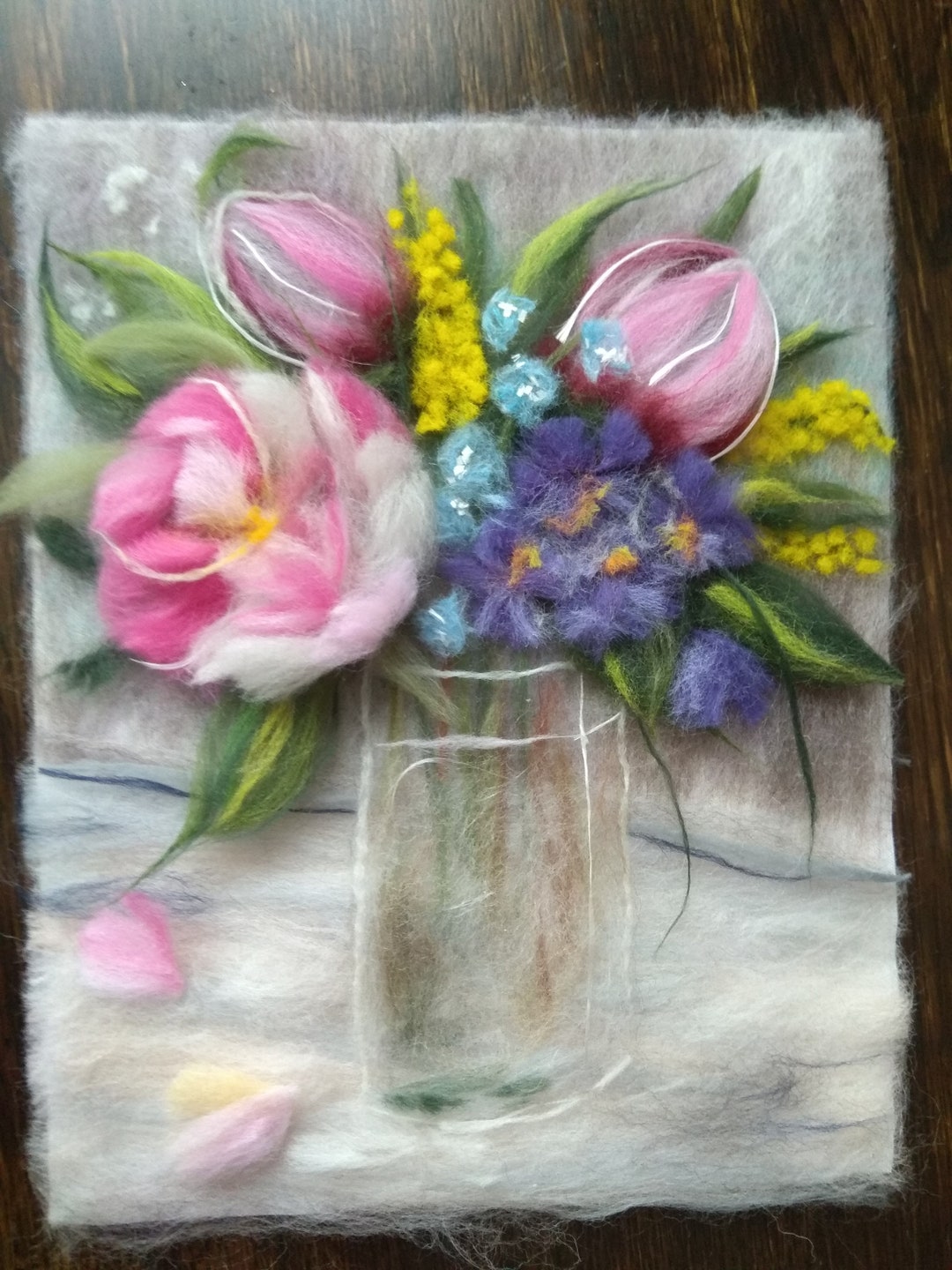 Felting.wool.painting. Picture. Beautiful Bouquet Flowers Wool Painted ...