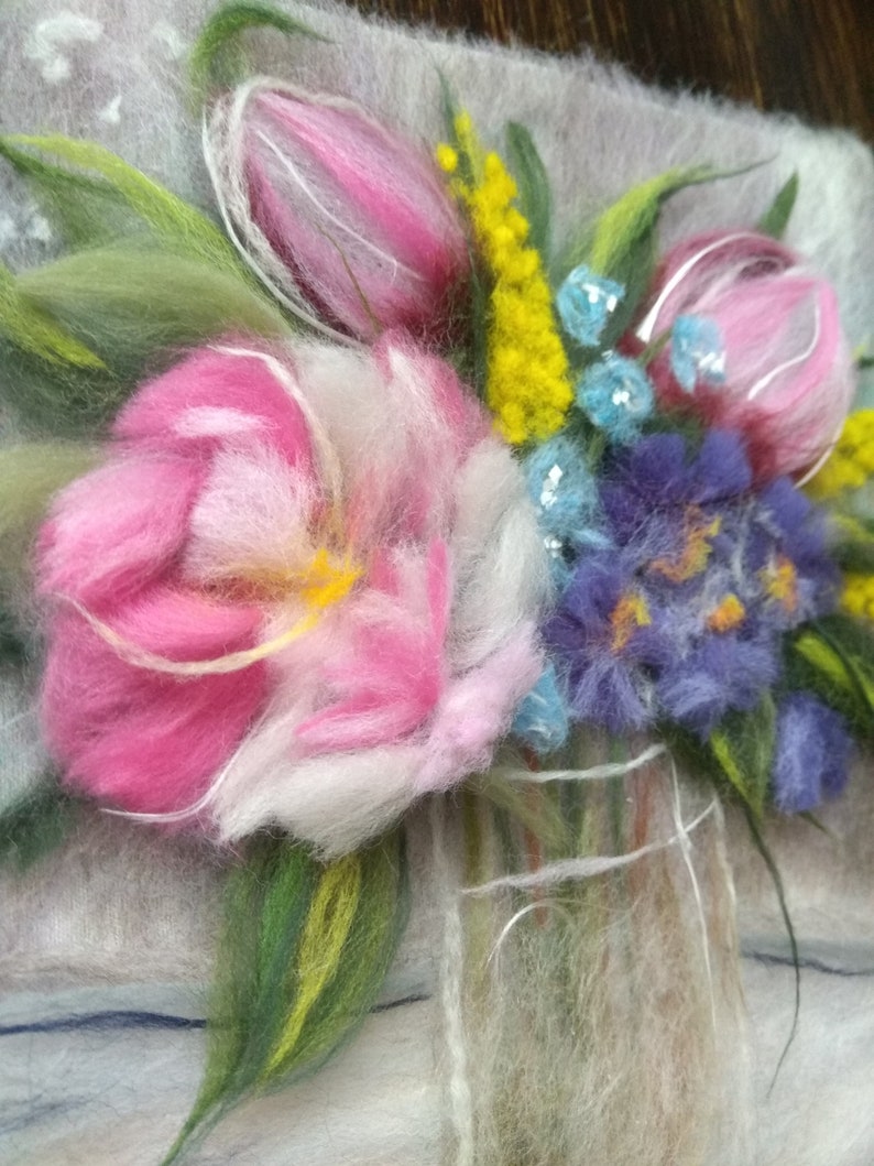 Felting.wool.painting. Picture. Beautiful Bouquet Flowers Wool Painted ...
