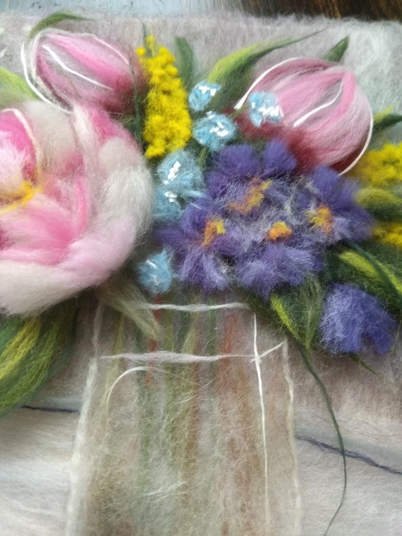 Felting.wool.painting. Picture. Beautiful Bouquet Flowers Wool Painted ...