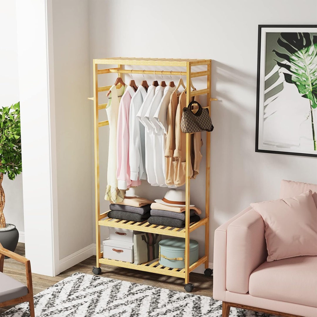 Clothes Rail Rack Bamboo: Open Wardrobe Closet With Wheels Garment Rack ...