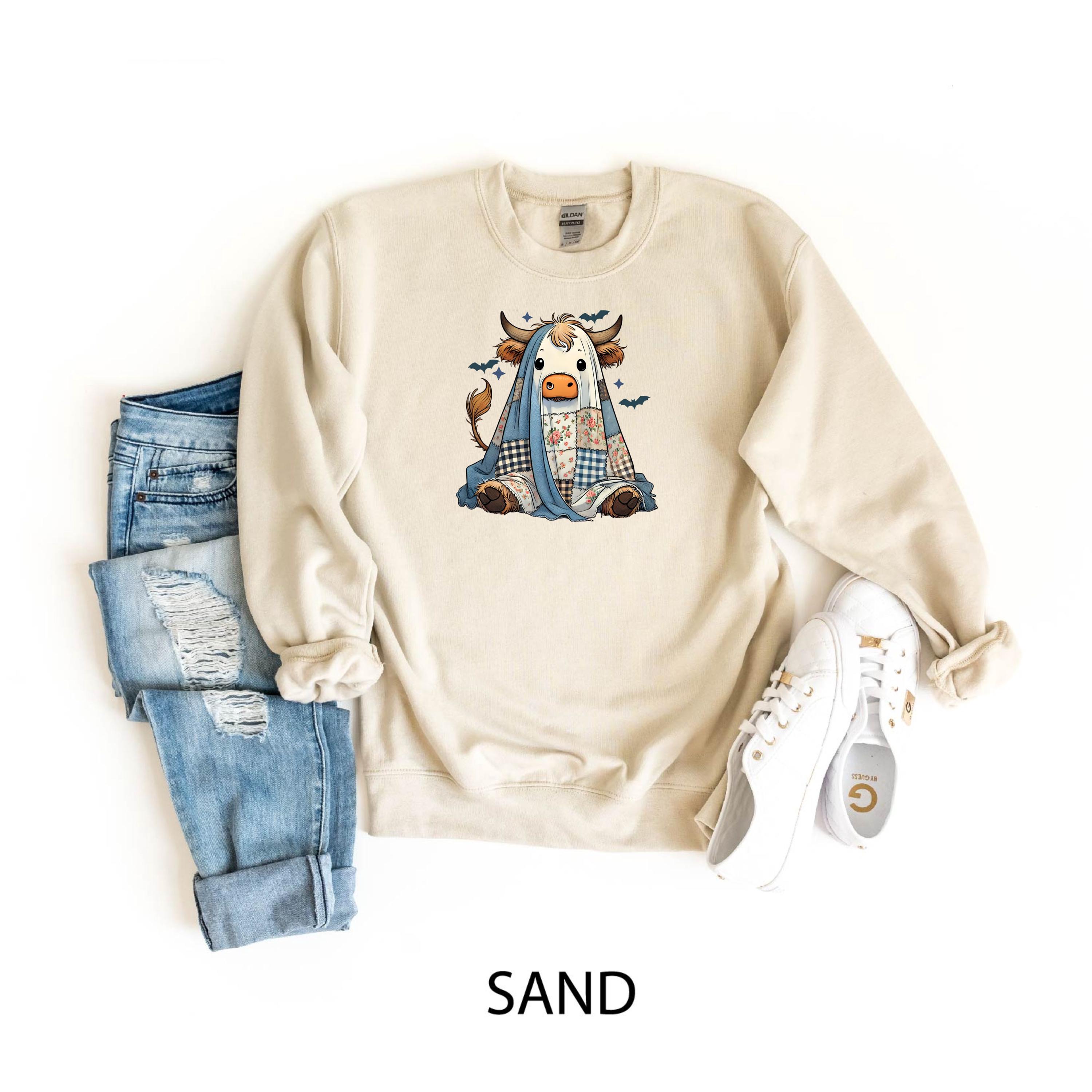 Denim Patchwork Highland Cow Sweatshirt, Spooky Season Cow Sweater ...